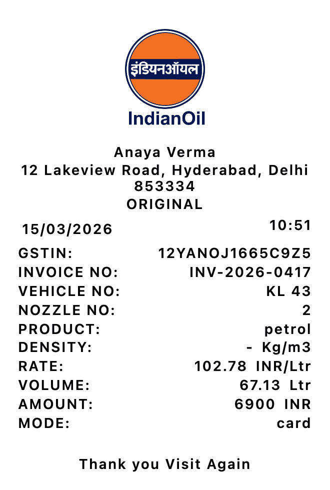 Fuel Bill Generator - Create Petrol Fuel Receipt PDF Online | Bill ...